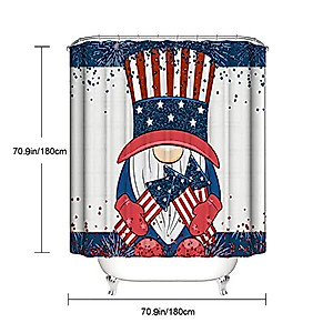 4 Pcs Shower Curtain Set 4th of July Patriotic American Gnome-1 with Non-Slip Rugs Toilet Lid Cover and Bath Mat Bathroom Decor Set 72" X 72"