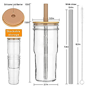 Zukro 24 oz Glass Tumbler with Bamboo Lid and Straw 2 Pack, Mason Jar Drinking Glasses, Bubble Tea Cup, Wide Mouth Glass Bottle for Smoothie, Iced Coffee, Juice, Water, BPA Free, Dishwasher Safe