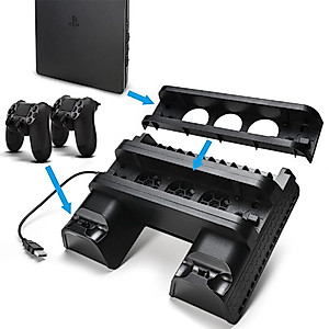 navor Multifunctional Cooling Stand Compatible with PS4/ PS4 Slim/ PS4 Pro, Vertical Cooler Fan and Controller Charging Station with LED Indicators, Dock Stand with 12 Pieces Games Storage