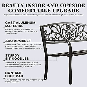 HCY Outdoor Bench, Garden Bench Metal Patio Front Porch Decor Furniture with Backrest Armrests, 50 Inch Slatted Seat for Outdoor, Park, Yard, (Black), x 21x 34.6