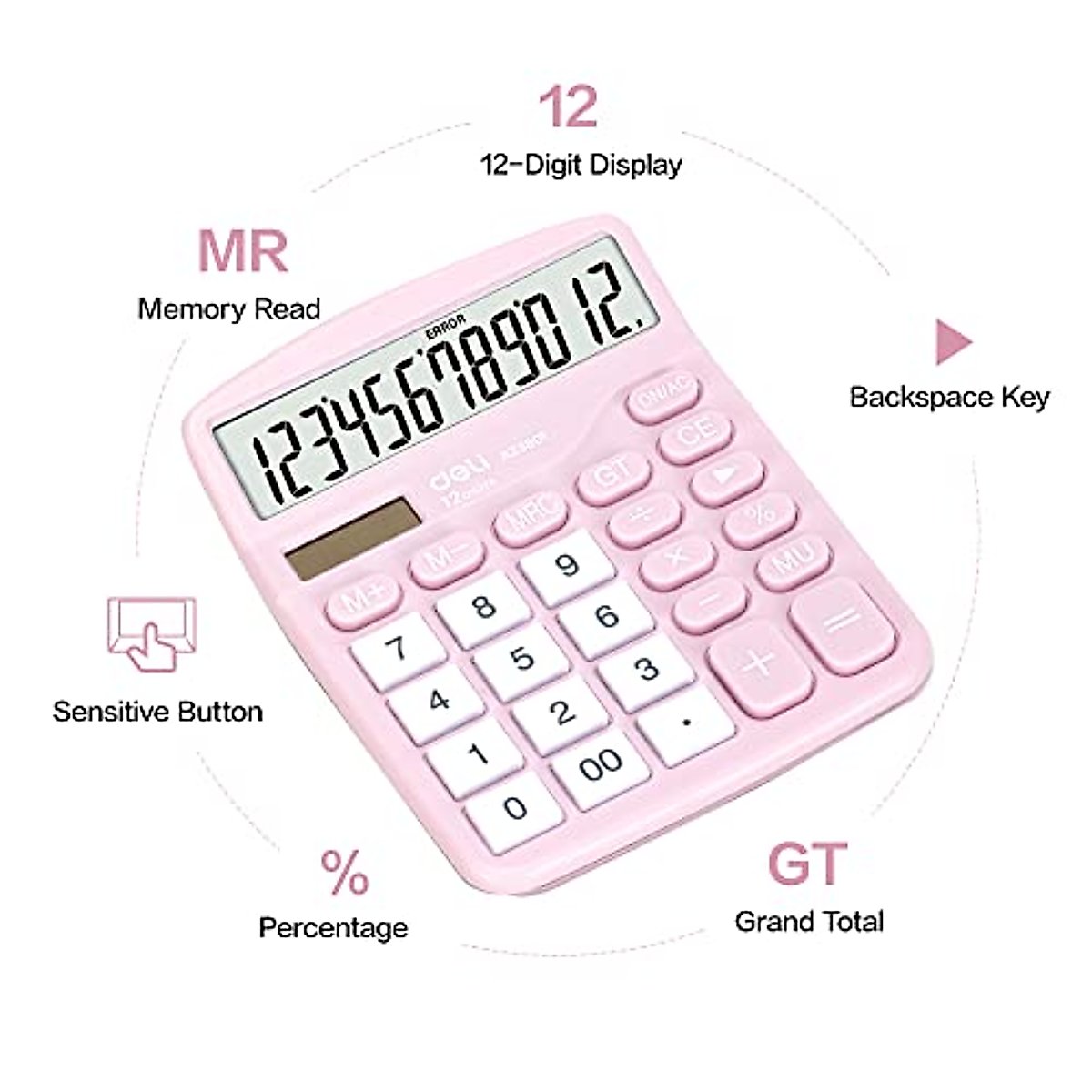 Calculator, Deli Standard Function Desktop Calculators with 12 Digit Large LCD Display and Sensitive Button, Solar Battery Dual Power Office Calculator, Pink