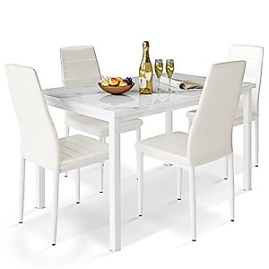AWQM White Dining Table Set for 4,Faux Marble Kitchen Table and Chairs for 4 with Upholstered Leather Chairs,Dining Room Table Set for Kitchen,Small Spaces,Breakfast Nook,White+Beige