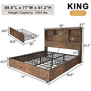 LUXOAK King Size Bed Frame with LED Bookcase Headboard, Wooden Storage Bed with Charging Station & 4 Drawers, No Box Spring Needed/Noise-Free/Rustic Brown