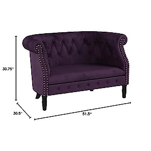 GDFStudio Melaina Tufted Chesterfield Velvet Loveseat with Scrolled Arms, BlackBerry and Dark Brown