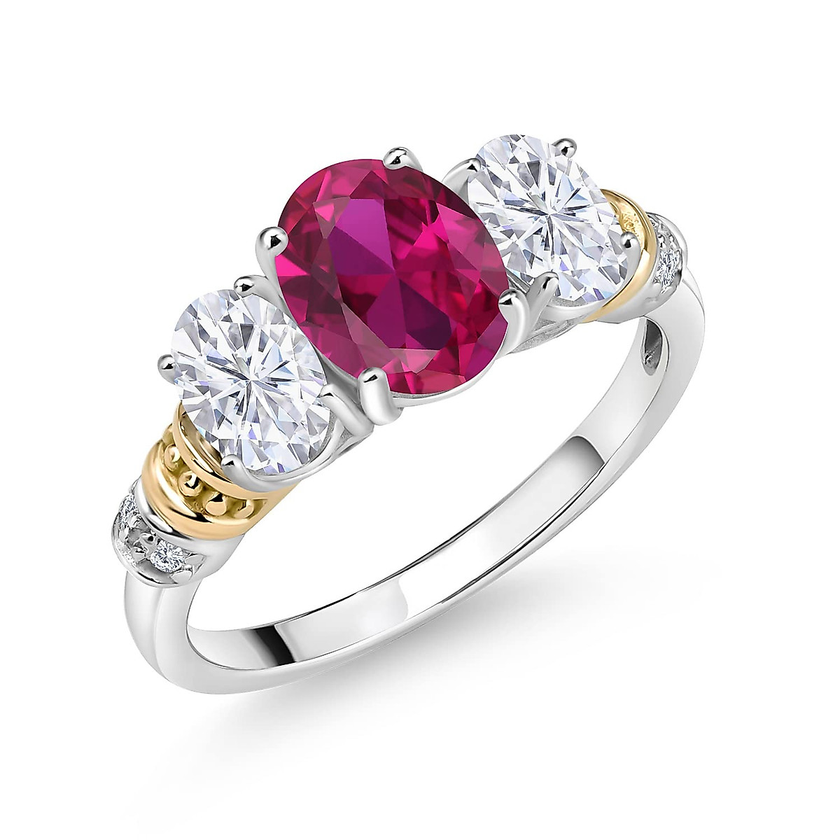 925 Sterling Silver and 10K Yellow Gold Oval Red Created Ruby White Moissanite and White Diamond 3 Stone Ring For Women (2.38 Cttw, Gemstone July Birthstone, Available In Size 5, 6, 7, 8, 9)
