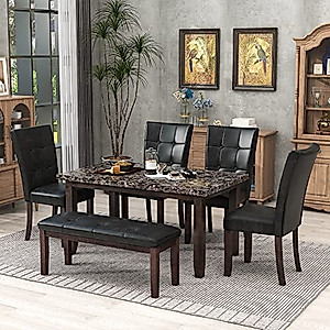 FIQHOME 6-Piece Set with one Faux Marble Dining Table,4 Upholstered PU Leather Chairs and 1 Bench,Perfect for Kitchen, Breakfast Nook, Bar, Living Room,Black