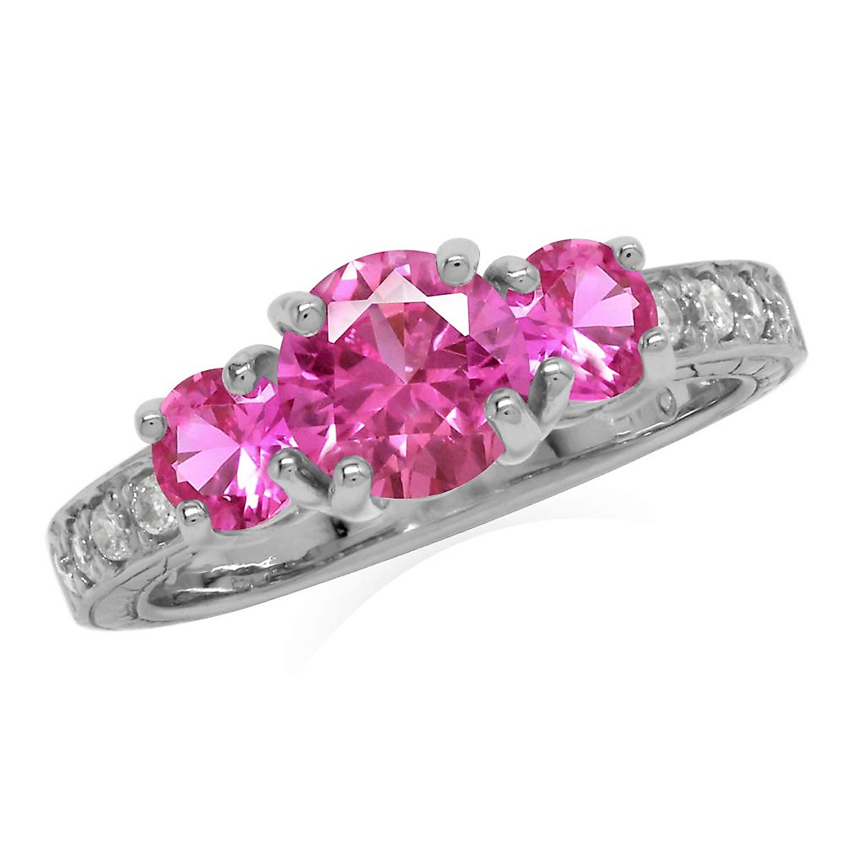 Silvershake Created Pink Tourmaline 925 Sterling Silver 3-Stone Anniversary Engagement Ring for Women Size 6.5