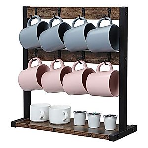 OROPY Vintage Wood Coffee Mug Holder Stand, 2 Tier Countertop Mug Tree Holder Rack for Coffee Mugs Cups, Dark Brown (Double Side,16 Hooks)