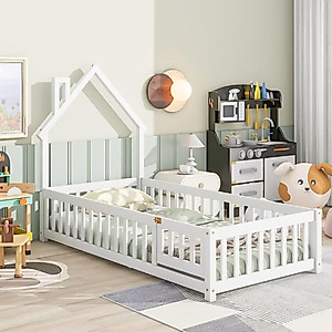 TURRIDU Twin Size Montessori Floor Bed with Fence and Door, House-Shaped Headboard Floor Bed with Full-Length Guardrails, Floor House Bed for Children Girls Boys, No Weight Limit, White