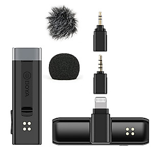 BOYA Wireless Lavalier Microphone System for iPhone Livestream, 2.4GHz Mic with Buit-in Battery & Charging Case for iPad, Tablets, DSLR Camera, Camcoder, Home Video Recording Vlog Interview