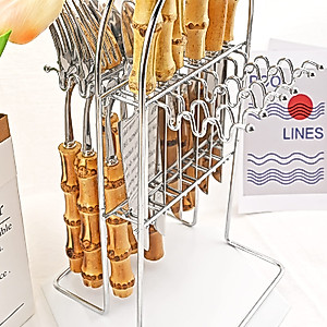 Snplowum 24-Piece Bamboo Flatware Set, Silver Stainless Steel Tableware Set With Cutlery Holder, Kitchen Utensils For Home And Restaurant Daily Use, Mirror Polish, Service For 6