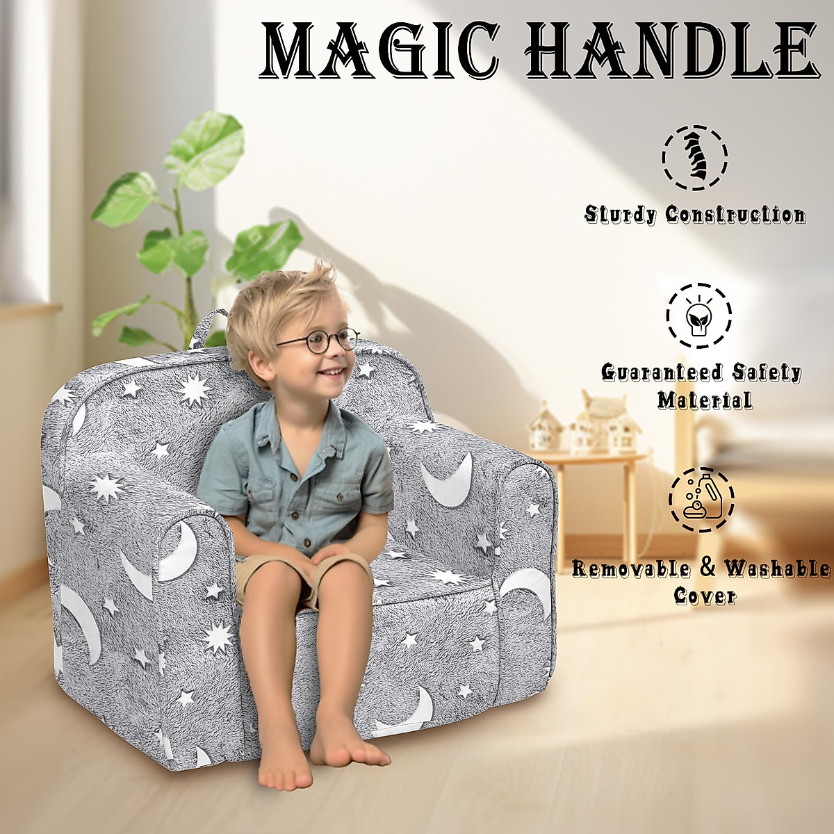 magic handle Toddler Chair, Glow in The Dark Kids Foam Chair with Removable and Washable Cover Carrying Handle, Toddler Armchair, Kids Chair, Toddler Couch (Moon Grey)