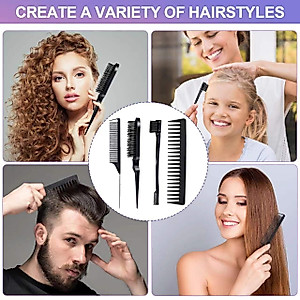 4Pcs Anmieciu Hair Styling Set for All: Bristle Edge Brush, Teasing Comb, Rat Tail Comb, Wide Tooth Comb for Combing, Smoothing and Styling Hair (Black)