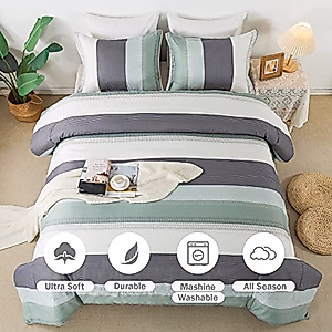 Litanika Queen Comforter Set Sage Green - 3 Pieces Lightweight Bedding Comforter Sets, Light Green White Colorblock Stripe Fluffy Bed Set, All Season Down Alternative