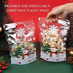 Rikolto Resealable Christmas Zip Lock Bags 50PCS Clear Christmas Cookie Sealing Bags with Handles Snowman Plastic Bags for Xmas Holiday Party Candy Small Gift Wrapping Supplies Decor