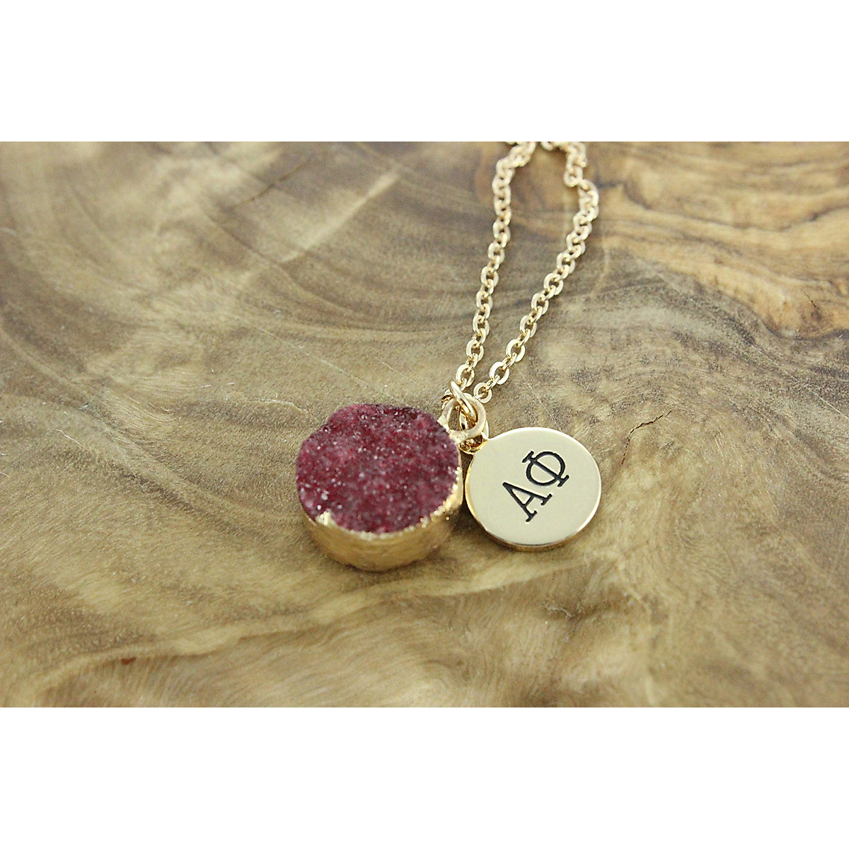 Sorority Shop AP Necklace - Alpha Phi Red Druzy Gemstone Necklace With Engraved Pendant – 14K Gold Dipped Jewelry with Red Gemstone – Sorority Gift, Charm Paraphernalia