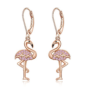 Flamingo Earrings for Women Sterling Silver Cute Bird Animal Rose Gold Pink Flamingo Dangle Hypoallergenic Christmas Holiday Summer Gifts