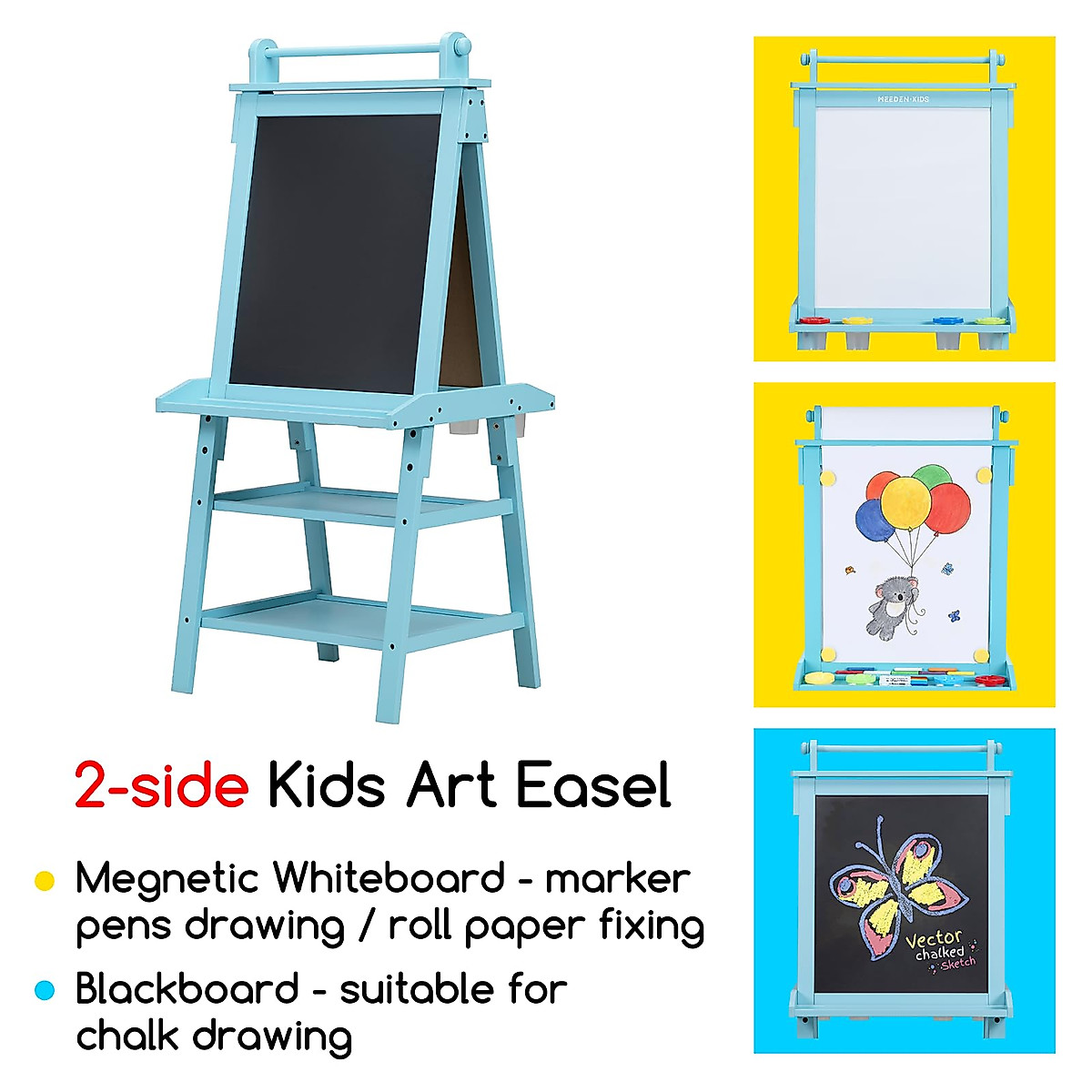 MEEDEN Art Easel for Kids: Double-Sided Solid Pine Wood Kids Easel with Paper Roll - All-in-One Kids Art Easel with Chalkboard & Magnetic Whiteboard - Walnut