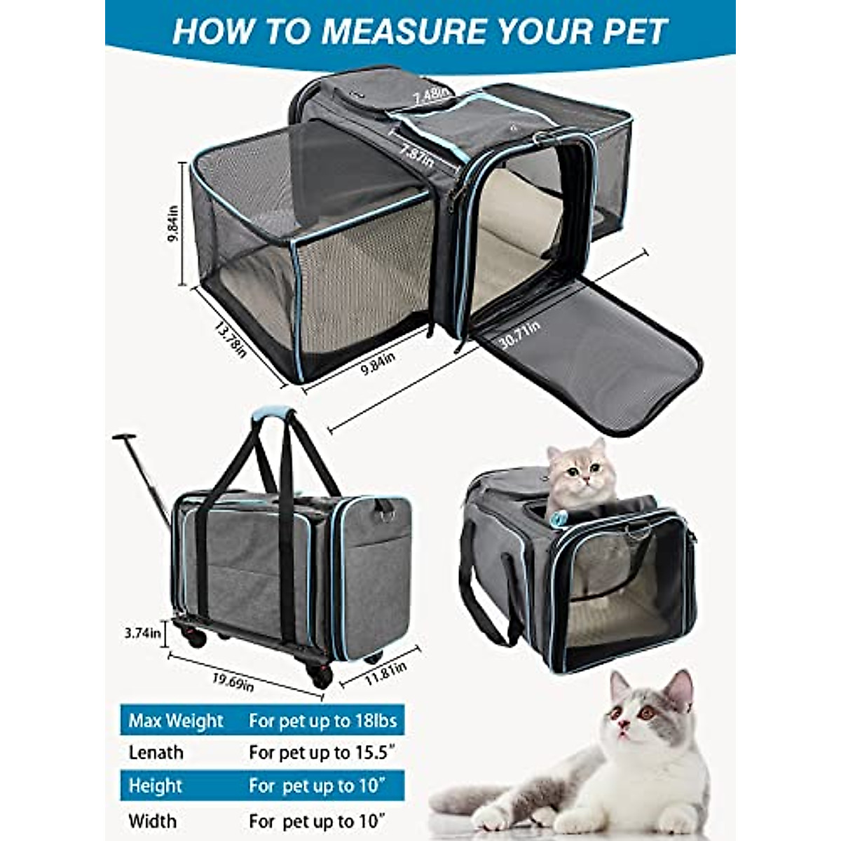Cat Carrier, WHDPETS Large Pet Carrier with Wheels, Expandable Soft-Sided Cat Collapsible Carrier with 2 Large Extensions for Cats, Puppy and Small Animals
