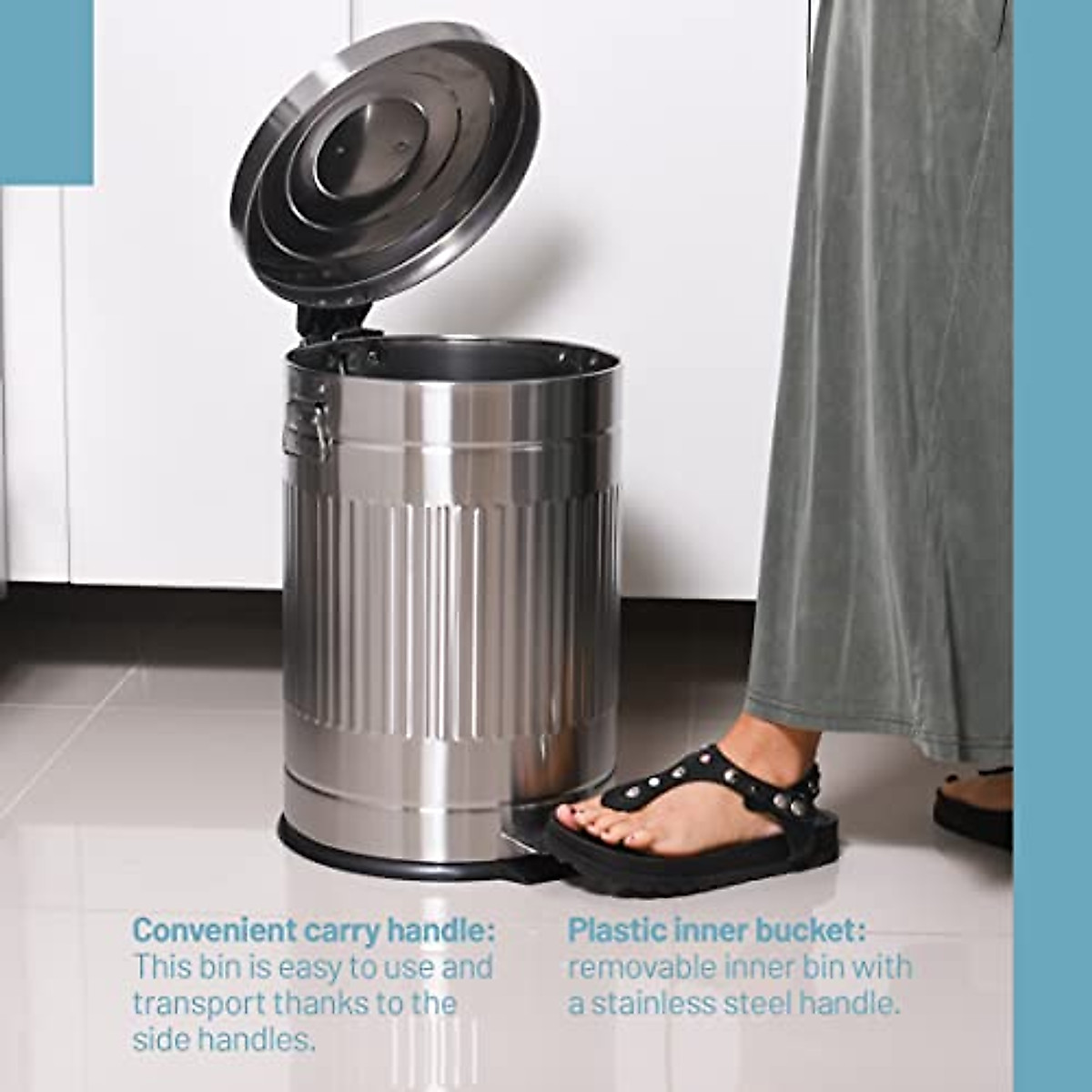 AWENN - Kitchen Garbage Trash Can with Lid and Pedal - Touchless Round Shape Waste Bin - Galvanized Iron Dustbin for Kitchen, Bathroom, Office and Outdoors (3.2 Gallon – 12 Liters)
