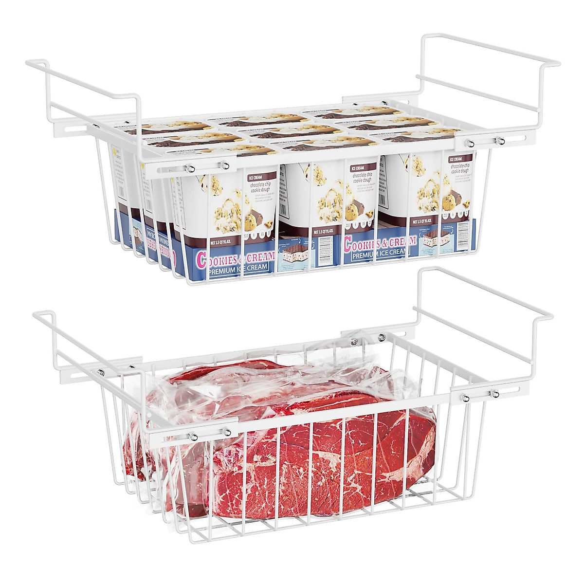 iSPECLE Chest Freezer Organizer - Fit 5 Cu.Ft Deep Freezer, 2 Pack Hanging Organizer Bins with Adjustable Handles, Sort Small Frozen Food, Sturdy Freezer Baskets Easy Slide to Get Bottom Food, White