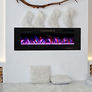 PHI VILLA 50" Electric Fireplace Wall Mounted & Recessed, 3.86" Ultra-Thin Linear Fireplace 750/1500W with Remote Control, Fit for 2 x 4 6 Stud, Low Noise, Timer, Adjustable Flame Color & Speed