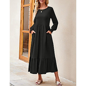 ZESICA Women's Spring Long Sleeve Dress 2025 Crewneck Casual Loose Pleated Tiered Swing Midi Dresses with Pockets,Black,Large