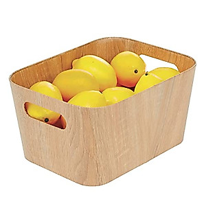 mDesign Wood Print Food Bin Box with Handles - Rustic Basket for Kitchen and Pantry Vegetable and Potato Storage - Perfect for Garlic, Onions, Fruit, and More - 12" Long - 2 Pack - Natural