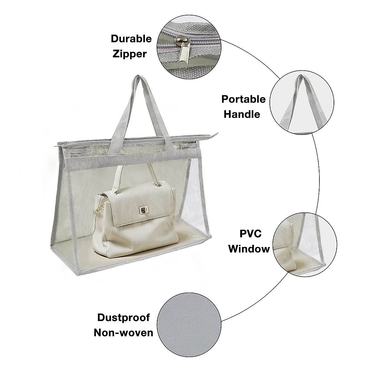 QEQRUG Handbag Storage Bags, 3 Pcs Dust Cover Bag for Hanging Closet, Transparent Purse Storage Organizer Bag with Zipper and Handle for Handbags Anti-dust (Grey)