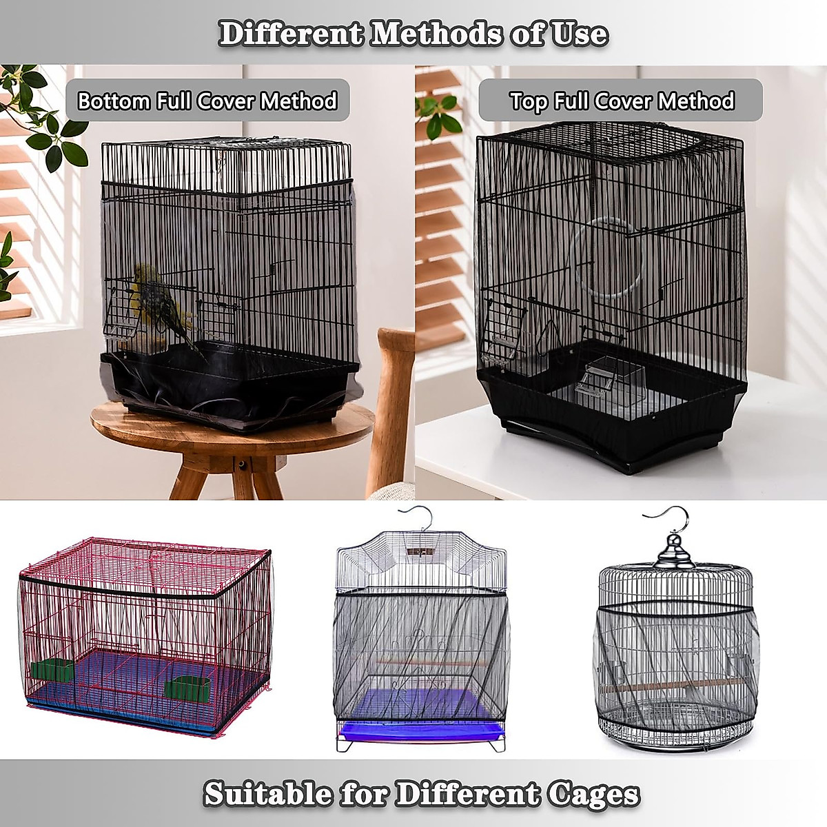 Bird Cage Seed Catcher, Bird Cage Net Cover Adjustable Bird Cage Netting Seed Catcher for Bird Cages Seed Catcher Guard Net Cover Bird Cage Skirt for Parrot Parakeet Macaw Round Square Cages - Black