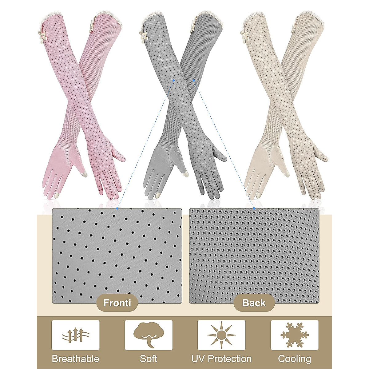 3 Pairs Women UV Sun Protection Driving Gloves UV Long Sun Protective Touchscreen Gloves for Outdoor Sports Summer (Pink, Beige, Gray)