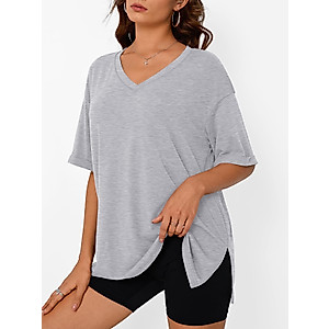 Trendy Queen Oversized Tshirts for Women Workout Plus Size Tops V Neck Short Sleeve Tunic Side Slit Outing T Shirts 2025 Spring Summer Casual Clothes Loose Fit Basic Tees Beach Vacation Grey XXL
