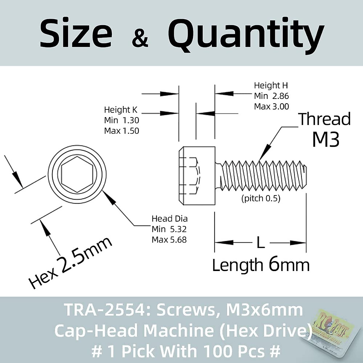 Model 2554: Screws, 3x6mm Cap-Head Machine (hex Drive) (100) for TRAXXAS