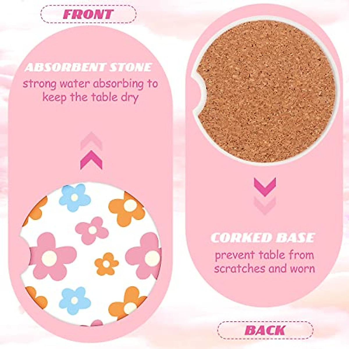 Dingion 6 Pcs Preppy Car Coasters with Finger Notch Aesthetic Cork Base Absorbent Ceramic Coasters Cute Car Drinks Coasters with Anti Slip Cork Base for Auto Accessories