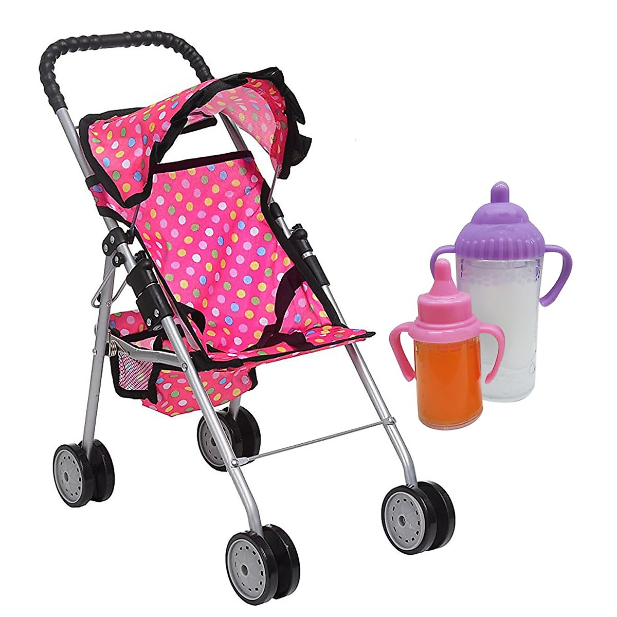 fash n kolor - My First Baby Doll Stroller - Pink Polka Dot Doll Stroller with Basket- Soft Grib Handle. Foldable with Hood Toy Doll Pram Baby Doll Accessories. With 2 Free Bonus Doll Bottles Included
