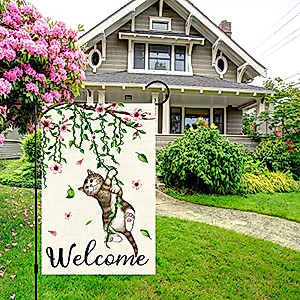 Louise Maelys Welcome Spring Garden Flag 12x18 Double Sided, Burlap Small Cat Flower Floral Garden Yard Flags for Seasonal Outside Outdoor House Decoration (Only Flag)