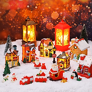 Jerify 26 Pieces Christmas Village Sets Lighted Christmas Village Houses Xmas Light up Decorations Mini Village Accessories Christmas Collectible Buildings for Xmas Winter Decorations