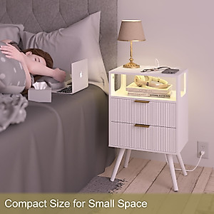 JOONEE White Nightstand with Charging Station and LED Lights,Modern Bedside Table with 2 Storage Drawer and Open Wood Shelf, for Bedroom and Small Spaces,Night Stand with Solid Wood Legs,White