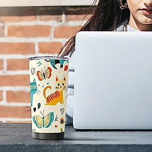 QWEUIOP 20oz Insulated Travel Coffee Mug Cute Cartoon Cats Stainless Steel Tumbler with Lid Double Wall Vacuum Coffee Cup For Hot and Cold Drinks14081
