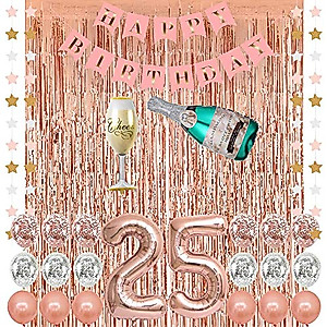 Rose Gold 25 Birthday Party Decorations Supplies, Champagne Balloon, Pink Happy Birthday Banner, 25 Balloons,Rose Gold Foil Fringe Curtains,Confetti Balloons for 25th Birthday Decorations for Her (25)