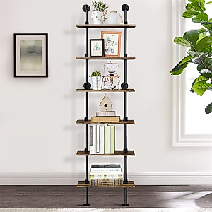 Liviza 6-Tier Pipe Wall Mounted Shelf, Rustic Vintage Industrial Bookcase, Wood Storage Bookshelf for Living Room, Apartment, Small Space
