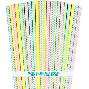 Outside the Box Papers Pastel Chevron Paper Straws - Easter Straws - 100 Pack Pink, Light Blue, Yellow, Green