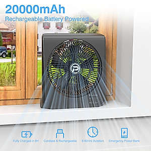 Cmyfato Box Fan, 20000mAh Rechargeable Battery Powered Window fan, 10" Quiet Small Box Fan for Window, 4 Speeds Square Fan for Bedroom Kitchen Office, 210° Pivoting Table Fan with Remote for Desk