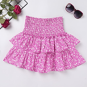 ABAFIP Women's Ruffle Mini Skirt Smocked High Waist Floral Print Boho Pleated Layered Short Skirts Swing Beach Skorts Light Pink Medium