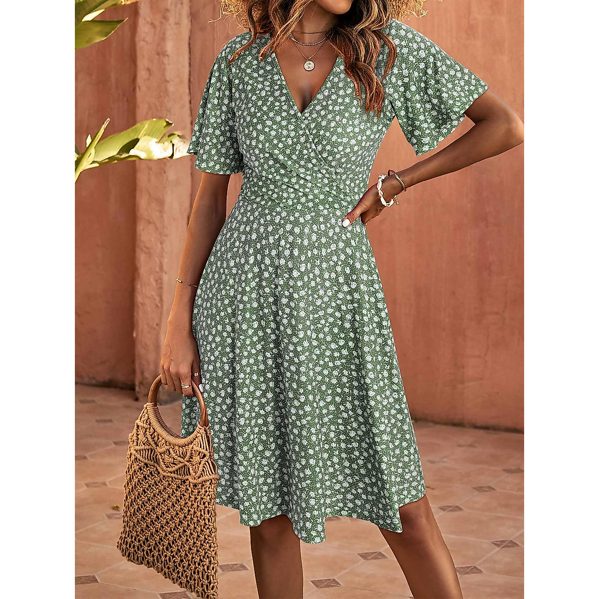 FENSACE Women's Casual Dresses Fit and Flare Green Floral Dress(Floral-32,Large)