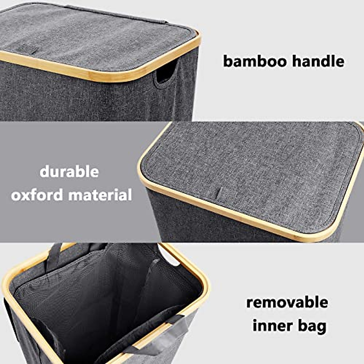 2 Pack X-Large Laundry Hamper with Lid Foldable Laundry Basket with Bamboo Handles Portable Clothes Basket with Removable Bag for Dorm Bedroom Bathroom Laundry Dirty Clothes Hamper (Gray, 90 L)