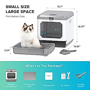 Smart Odor Removal Cat Litter Box, Large Litter Box with Deodorizing Device for Multiple Cats,Non Leaking Kitty Litter Box, Enclosed Odor Control Cat Box with Scoop&Mat