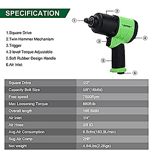Dotool Air Impact Wrench 1/2 Inch Square Drive Heavy Duty 880 ft-Lbs Max Loosening Torque Output Pneumatic Impact Wrench Twin Hammer 7800RPM for Automobile Repair