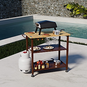 kognita Pizza Oven Table 35.5" Outdoor Grill Table with 4 Wheels, Rubberwood Outdoor Bar Cart Dining Prep Table with Wine and Glasses Rack,Garbage Bag Holder,Bottle Opener and Gas Tank Hook