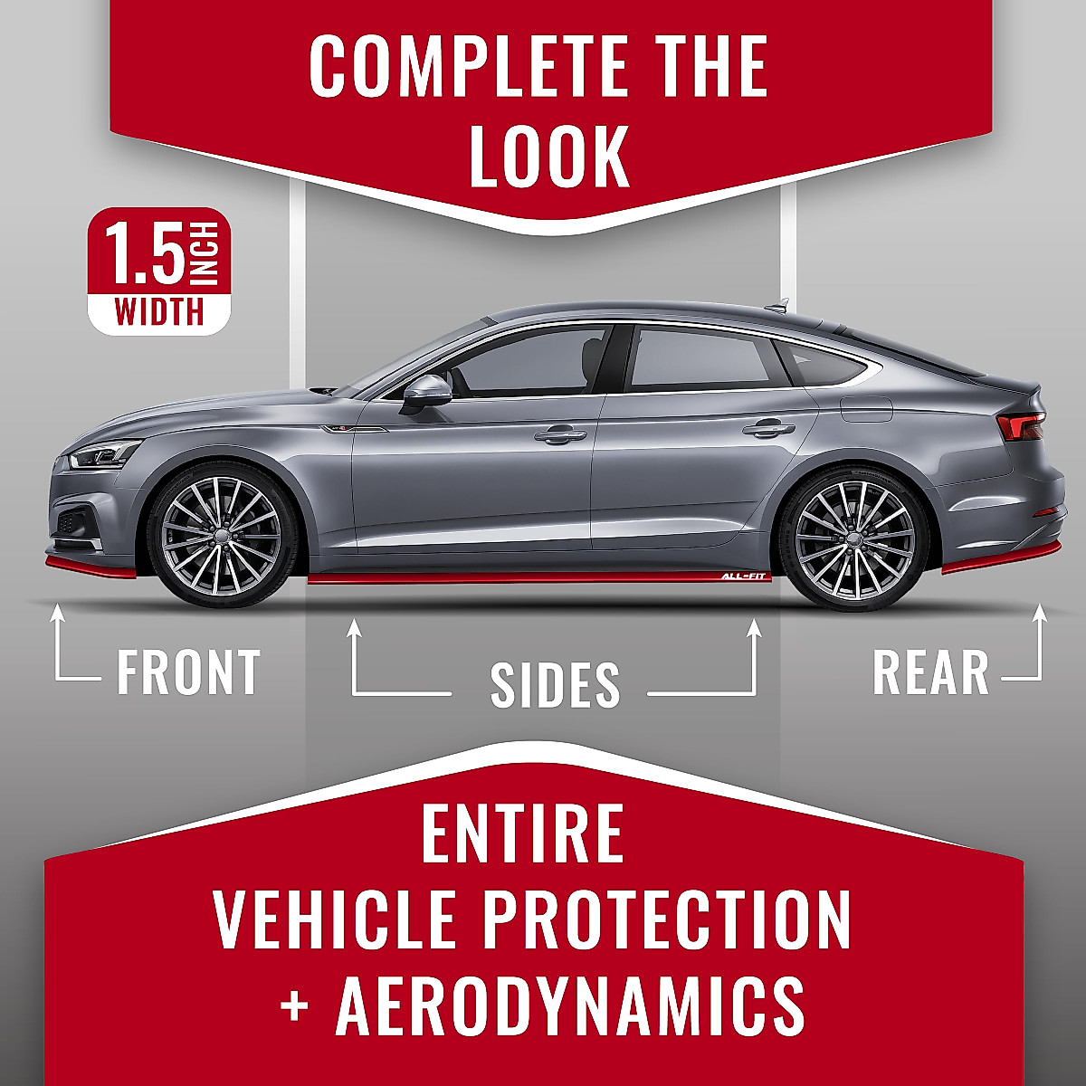 All-Fit Complete 1.5” Lip Kit – Full Car Bumper & Side Skirt Protection – Sleek, Flexible Trim for a Lowered Look – Durable, Easy-to-Install Automotive Exterior Accessories (1.5” W x 30’ L, Red)